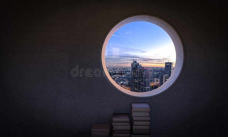 Piles of Books Forming Steps Leading To a Circular Window Stock ...