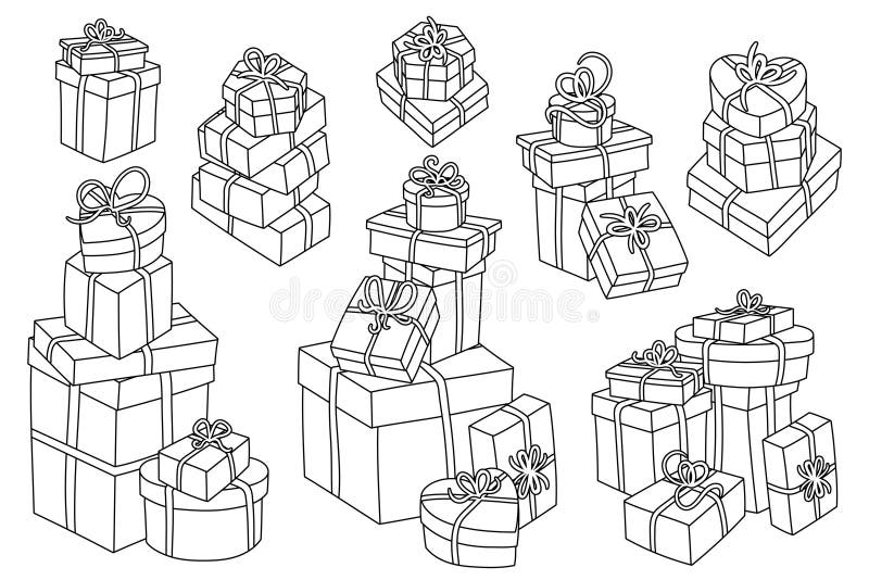 Hand Drawn Vector Illustrations of Piles of Simple, Closed Wrapped Gift ...