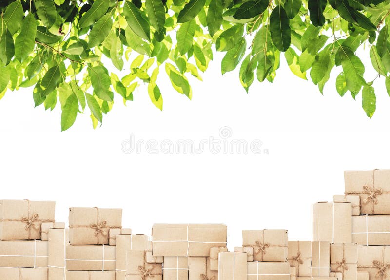 Piles Of Boxes With Green Leaf, Isolated On White Background Stock ...