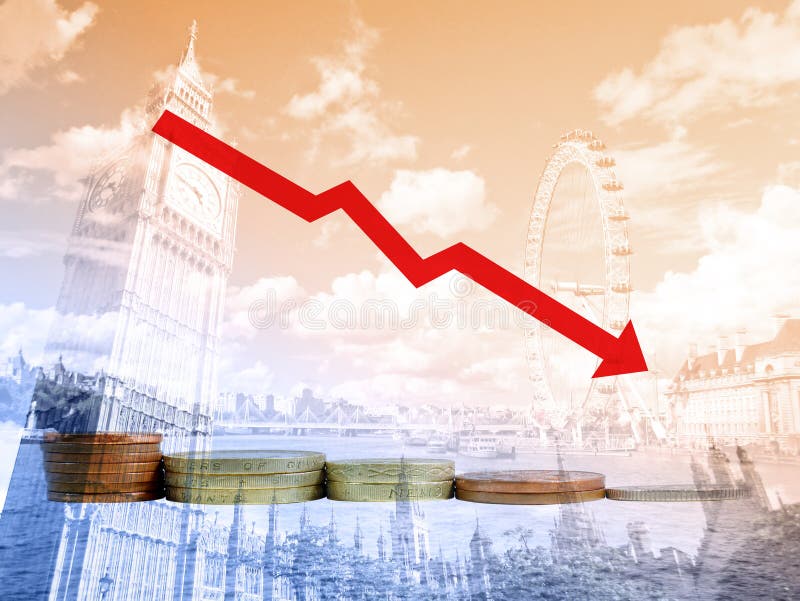 Piles of British Coins with Decreasing Graph of UK Currency Editorial ...