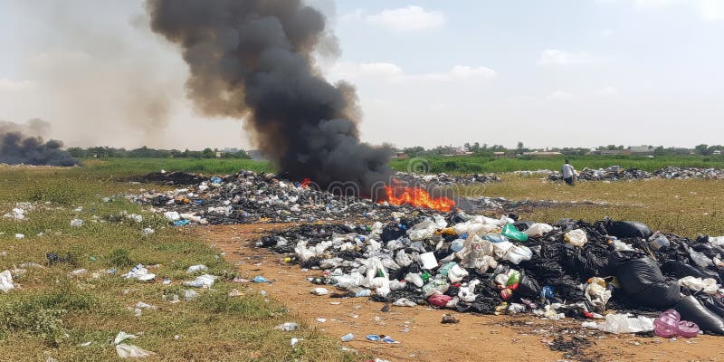 Piles of Burning Trash in Open Field Causing Environmental Pollution ...