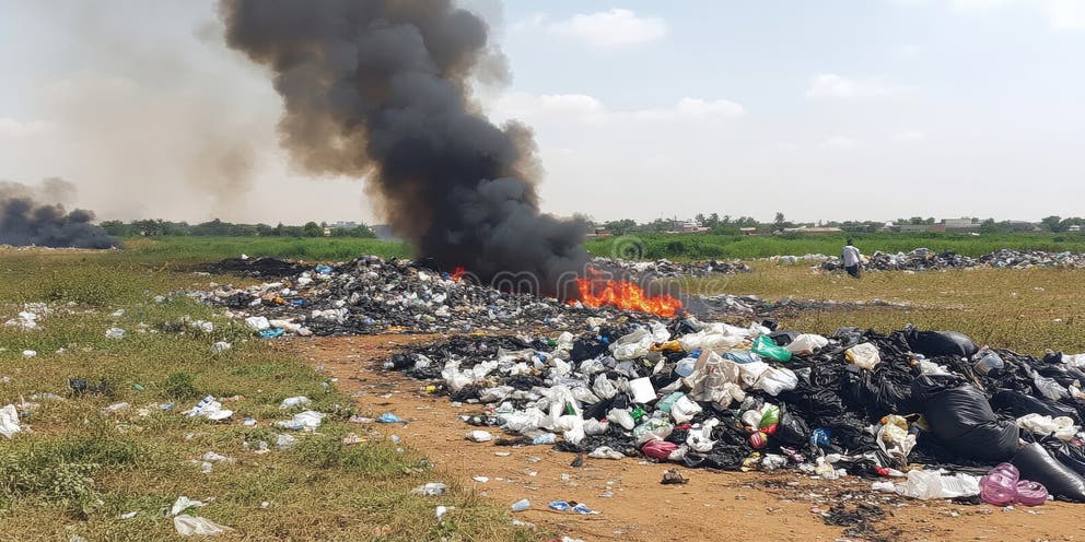 Piles of Burning Trash in Open Field Causing Environmental Pollution ...