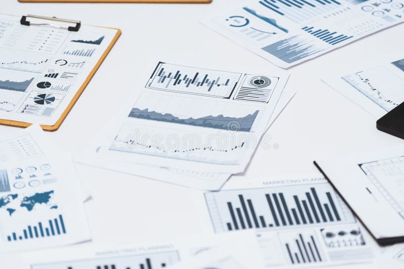 Piles of Business Intelligence Paper or BI Financial Report. Prudent ...