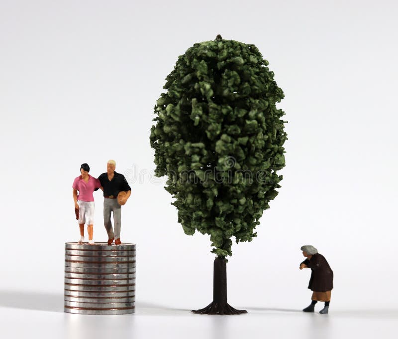 Piles of Coins and Miniature Tree and Miniature People Stock Image ...