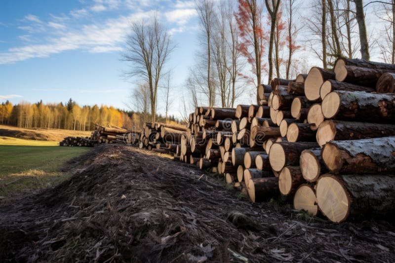 Piles of Cut Logs at a Forest Edge Stock Illustration - Illustration of ...