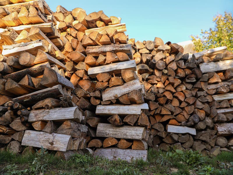 Piles of Dry Stacked Firewood in Grass Outdoors Stock Image - Image of ...