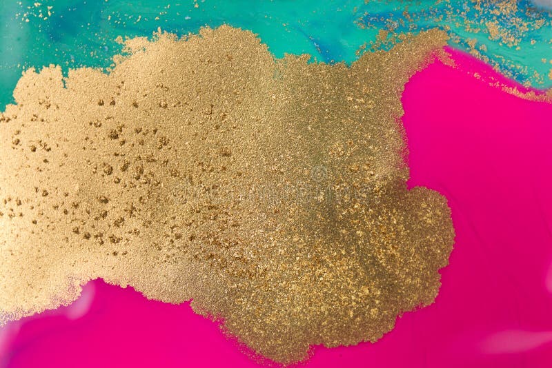 Piles of Gold Sequins on Blue and Pink Smudges of Paint. Abstract ...