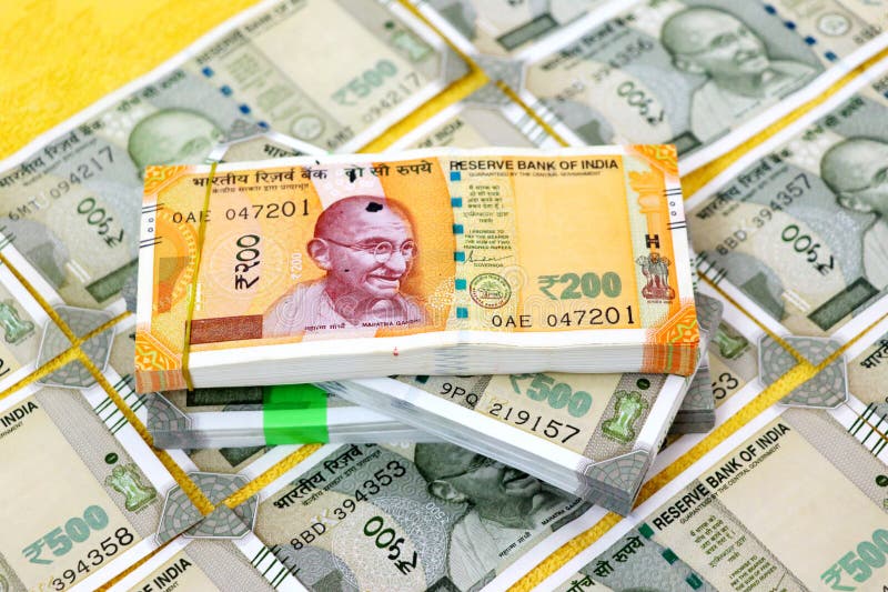 Piles of New Indian Currency Notes Rupees 50,100,200 and 500 Stock ...