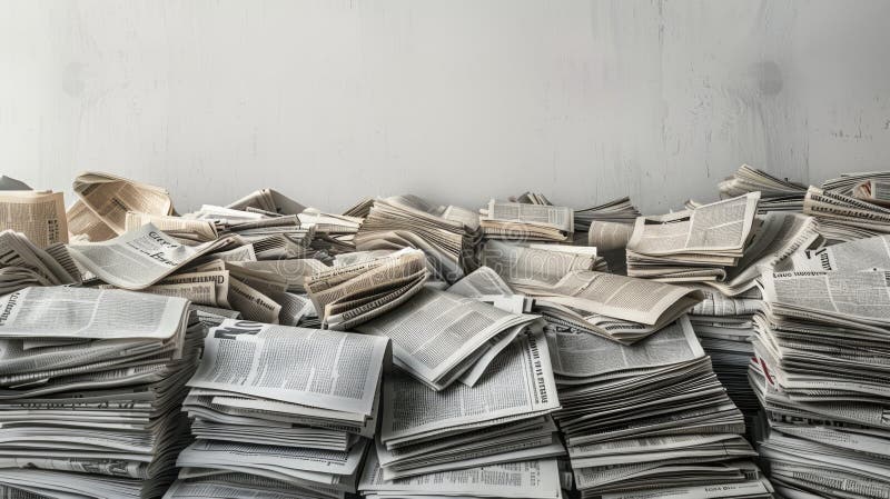 Piles of Newspapers Heaped in Disarray Against White Wall, Suggesting ...