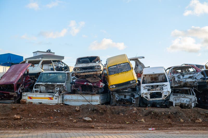 Piles of Old Cars in a Scrap Yard Stock Photo - Image of dump, junkyard ...