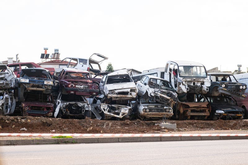 Piles of Old Cars in a Scrap Yard Stock Photo - Image of rusted ...
