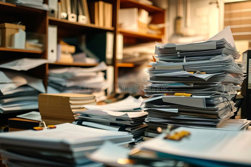 Piles of Paperwork and Folders in Office Room. the Concept of ...