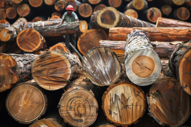 Piles of Sandalwood Logs at a Timber Yard with Worker Inspecting Stock ...