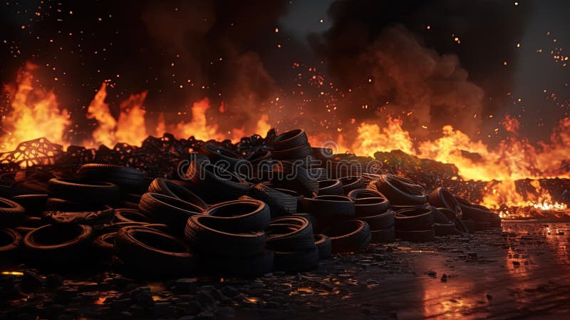 Piles of Tires on Fire, Plumes of Smoke Stock Illustration ...