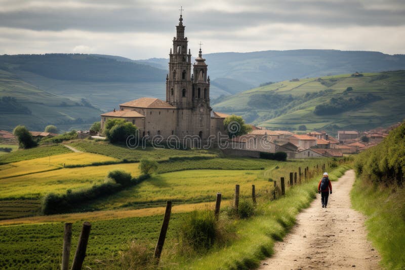 Pilgrim with Backpack Walking Pilgrimage Route. Unpaved Pilgrim Road ...