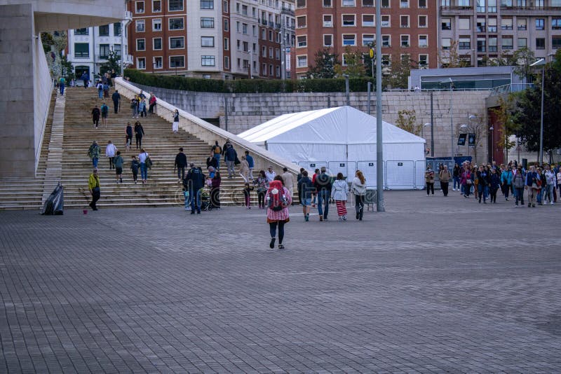 Pilgrim with a Seashell in Her Backpack Walking Around Bilbao Editorial ...