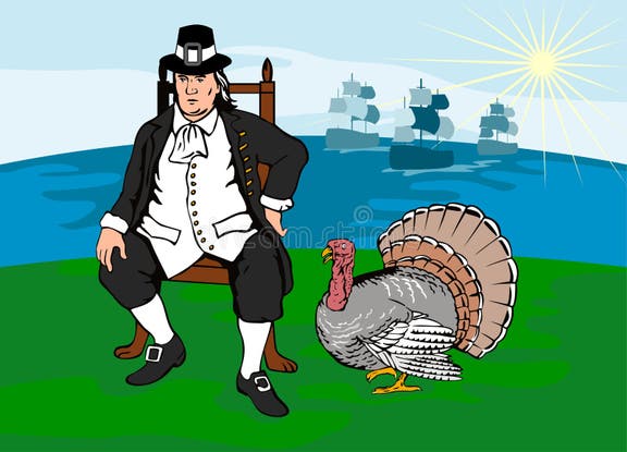 Pilgrim with Turkey and Ships Stock Vector - Illustration of immigrant ...