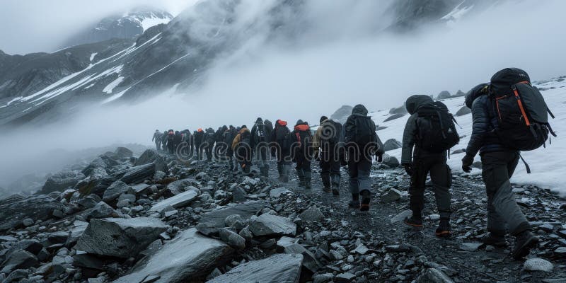 Pilgrims Traverse an Ancient Path through Misty Mountains during a ...