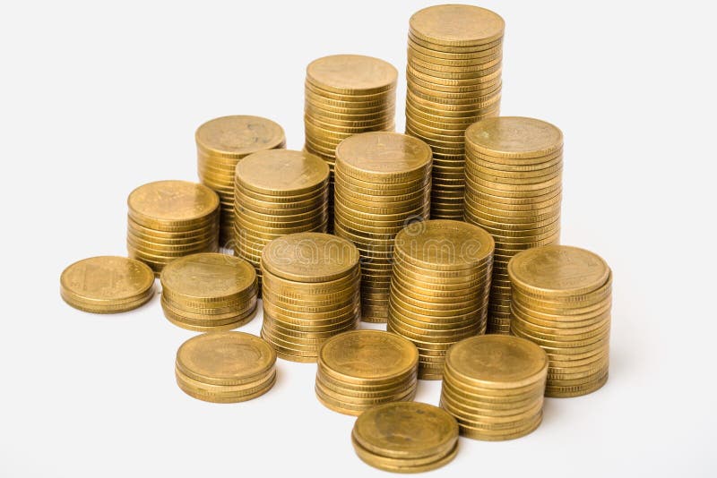 Pilhas Das Moedas De Ouro Isoladas No Fundo Branco Economia, Neg?cio ...