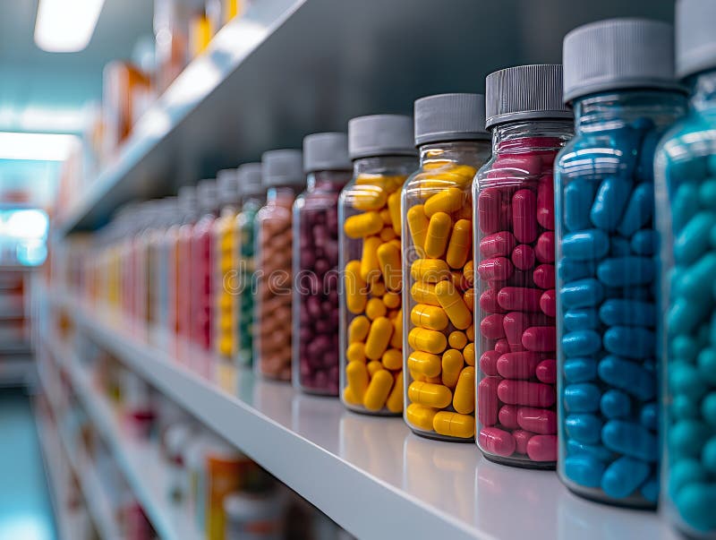 Pill Bottles Neatly Arranged in a Glass Display Case in a Pharmacy ...