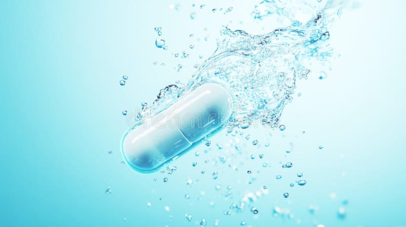 Pill Dissolving in Water Creates Effervescence Against a Blue Gradient ...