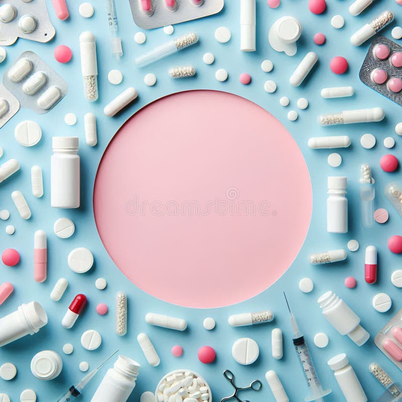 Pill Palette Diverse Medications in Circle Frame on Blue Background ...