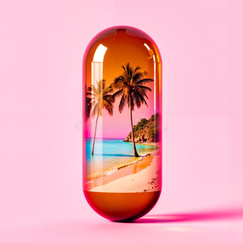 A Pill with a Picture of a Beach and Palm Trees on it Stock Photo ...