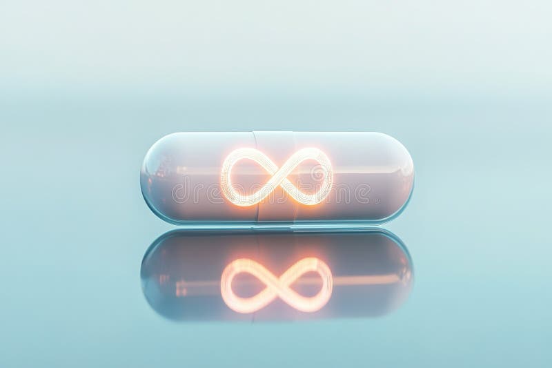 A Pill Showcasing a Glowing Infinity Symbol Rests on a Mirrored Surface ...