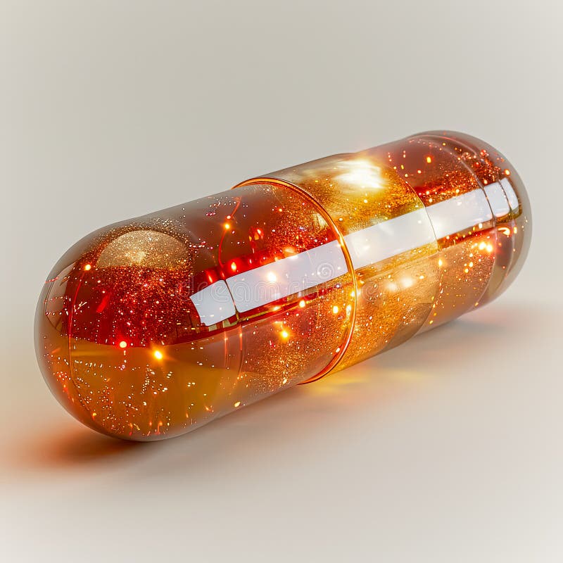 A Pill is Shown in a Glass Container with Red and Orange Specks. Stock ...