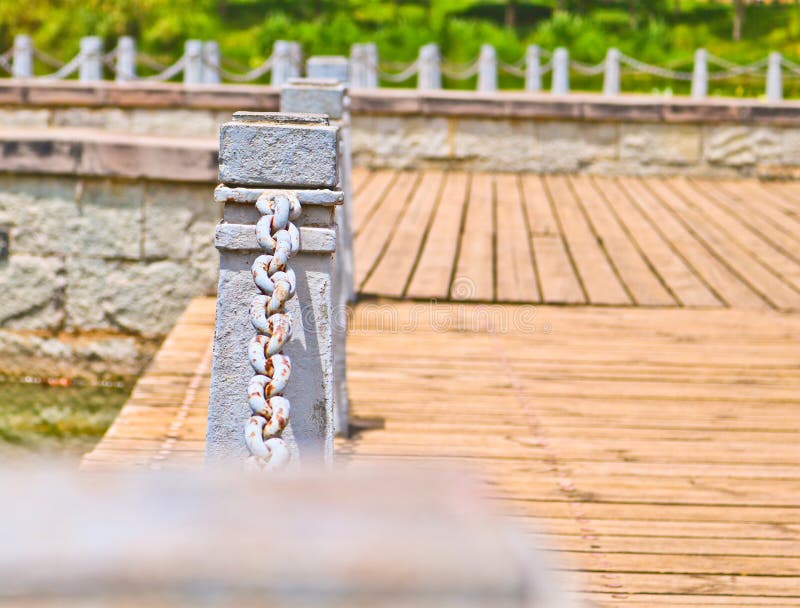 Pillar and Chain Fence Down on a Lake Side Stock Photo - Image of lake ...