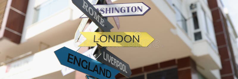 Pillar Sign with Pointers of Different Cities and Countries Stock Photo ...