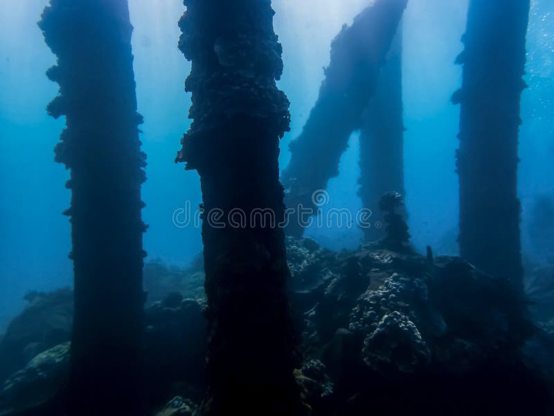 Coral Crusted Pillars Underwater in Blue Ocean Stock Photo - Image of ...