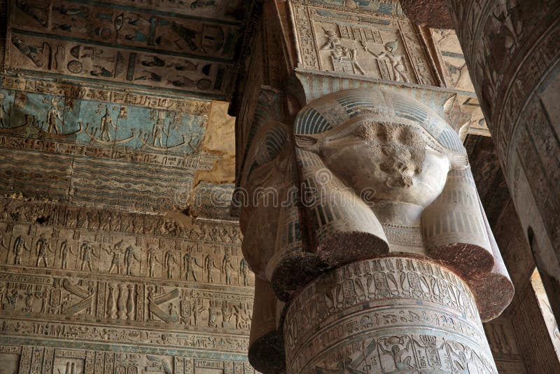 Decorated Pillars and Ceiling in Dendera Temple, Egypt Stock Photo - Image of painted, fertility ...