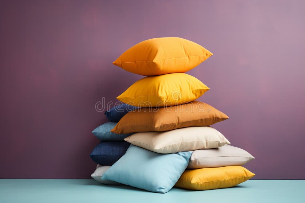 Pillow Stack on Blue Wall Background. 3d Rendering Stock Illustration ...