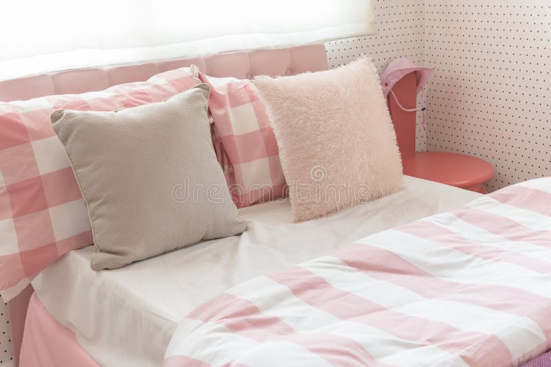 Pillows on Bed in Pink Color Tone Bedroom Stock Photo - Image of hotel ...