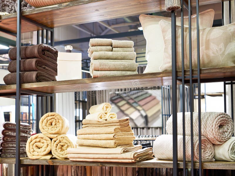 Pillows and Fabrics in Store Stock Photo - Image of showcase, blanket ...