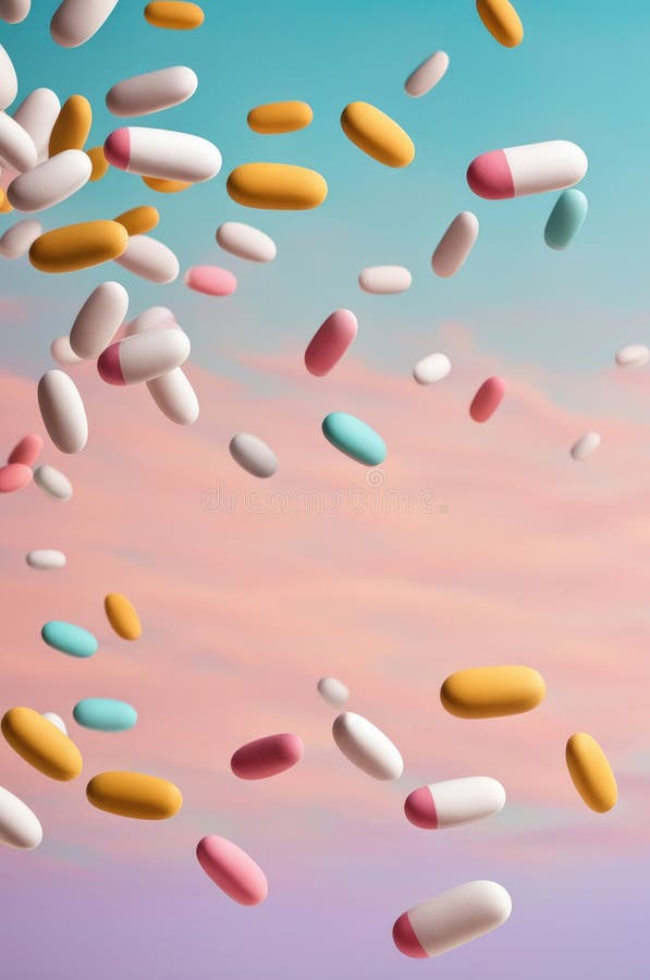 Pills and Capsules Floating on Pastel Background Stock Illustration ...