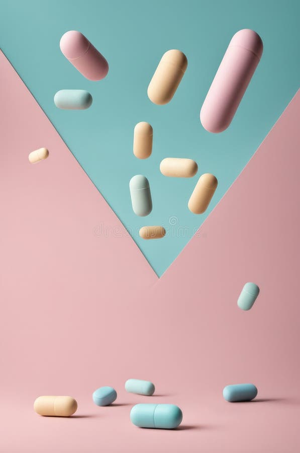 Pills and Capsules Floating on Pastel Background Stock Illustration ...
