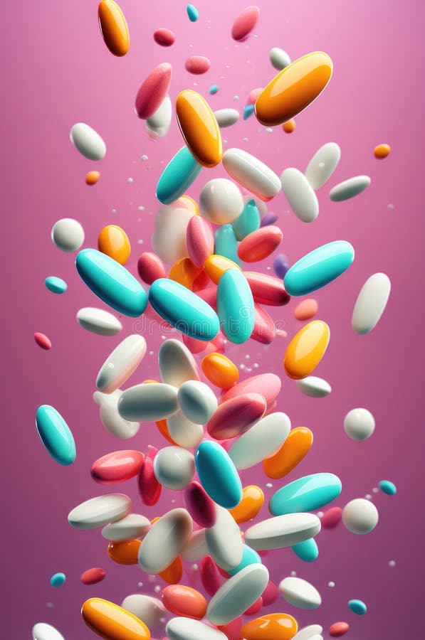 Pills and Capsules Floating on Pastel Background Stock Illustration ...