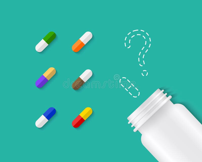 Pills, Capsules Next To a Pill Bottle with Question Mark Stock Vector ...