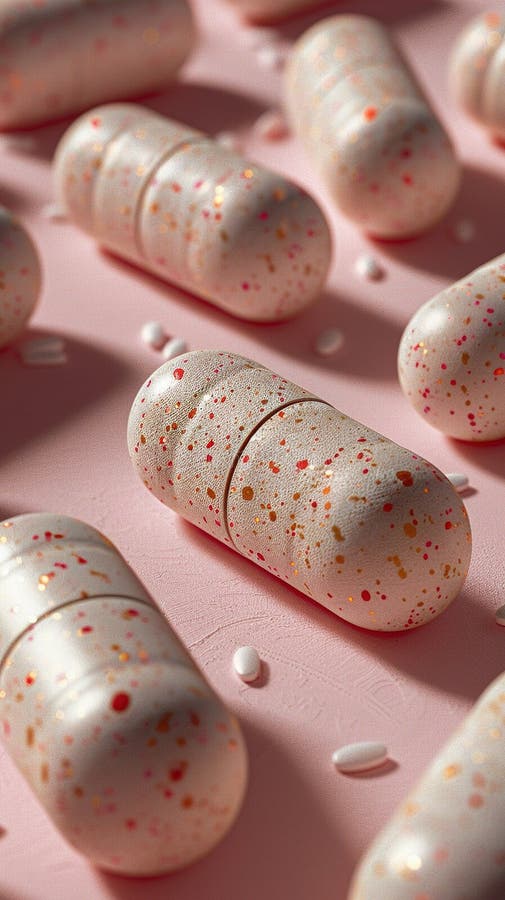 Pills and Capsules on a Pink Background Stock Illustration ...