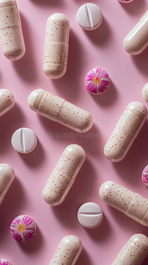 Pills and Capsules on a Pink Background Stock Illustration ...