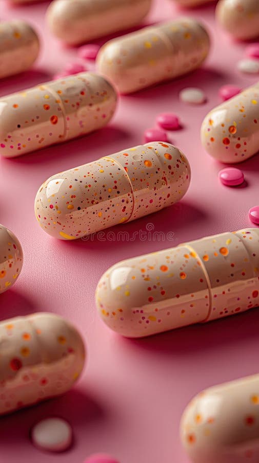 Pills and Capsules on a Pink Background. Stock Illustration ...