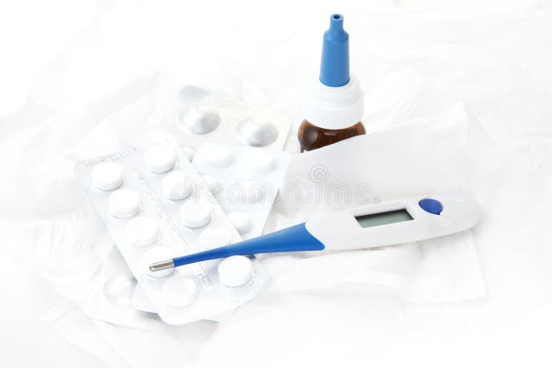 Pills, Digital Thermometer, Drops and Tissue Stock Photo - Image of ...