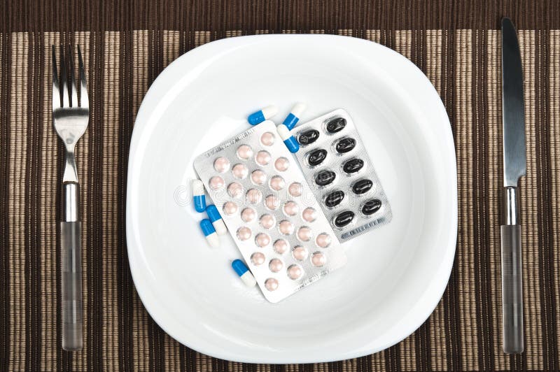 Pills on food plate stock photo. Image of dinner, dish - 20532366