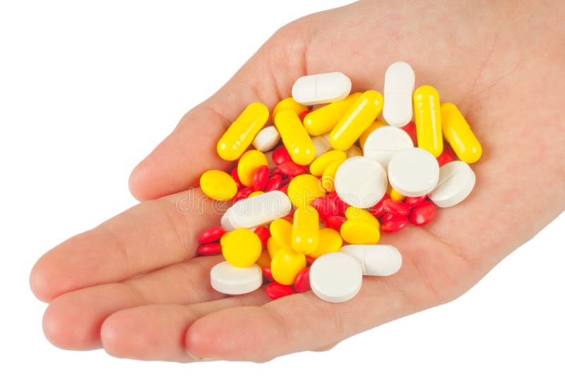Vitamins and Supplements. Woman Hands Full of Medication Pills Stock ...