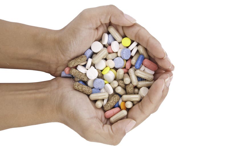 Vitamins and Supplements. Woman Hands Full of Medication Pills Stock ...