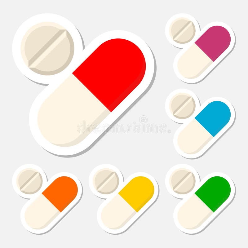 Pills icons stickers set stock vector. Illustration of healthcare ...