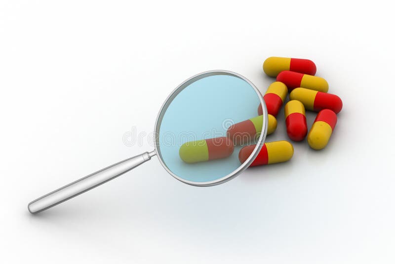 Pills with magnifier stock illustration. Illustration of magnify - 76320949