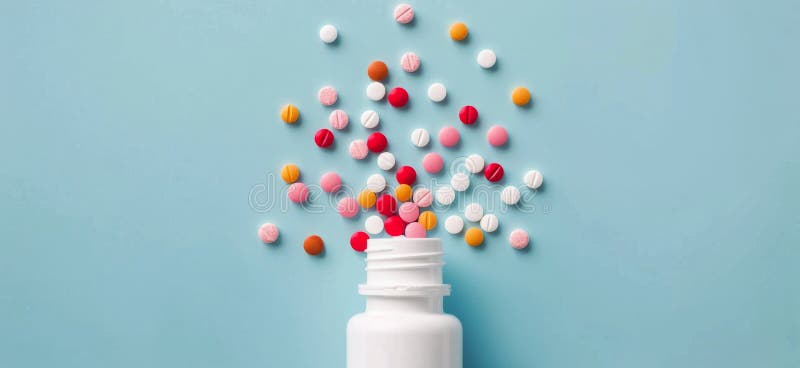 Pills Spilling Out of a Bottle on Blue Background Stock Image - Image ...